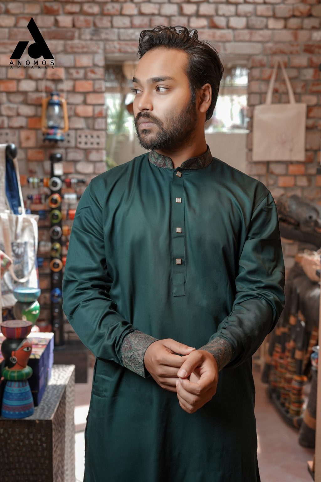 Premium Contrast Panjabi – Dark Green – Anomos Apparel
